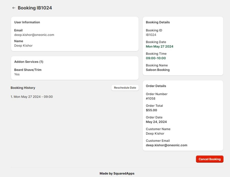 Bookings Details - Squared Apps