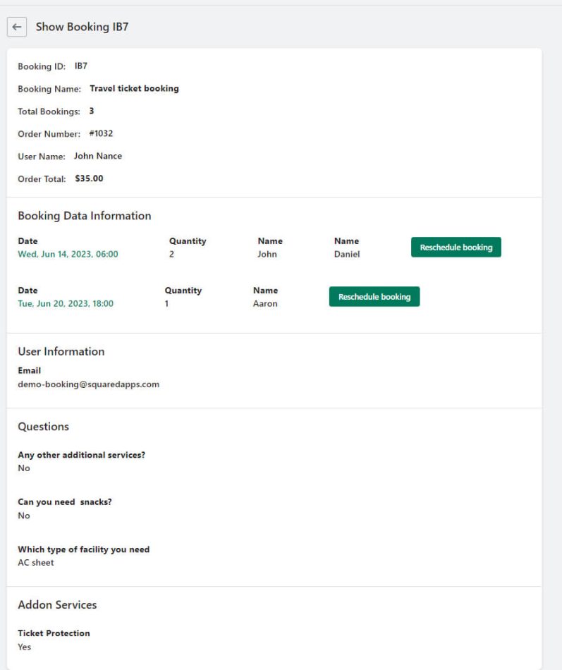 Bookings Details - Squared Apps